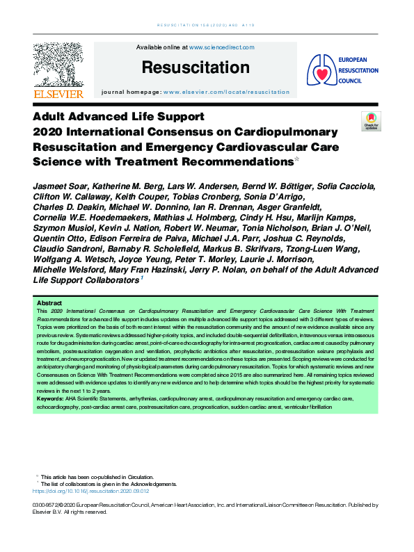 (PDF) Adult Advanced Life Support: 2020 International Consensus on Cardiopulmonary Resuscitation ...