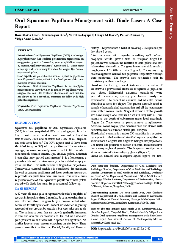 Pdf Oral Squamous Papilloma Management With Diode Laser A Case Report