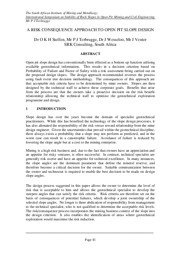 (PDF) A risk consequence approach to open pit slope design | Julian Venter - Academia.edu