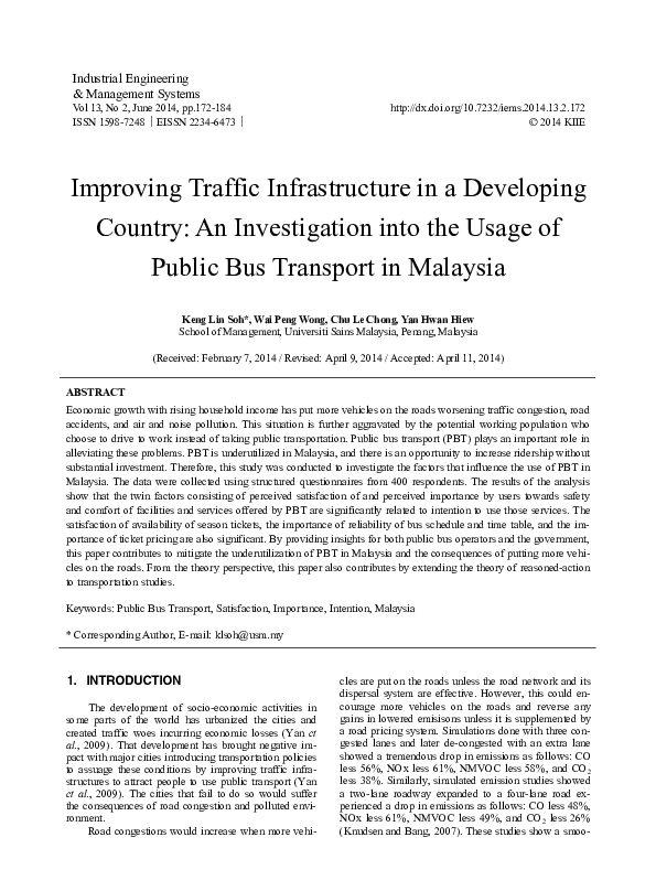 (PDF) Improving Traffic Infrastructure in a Developing Country: An ...