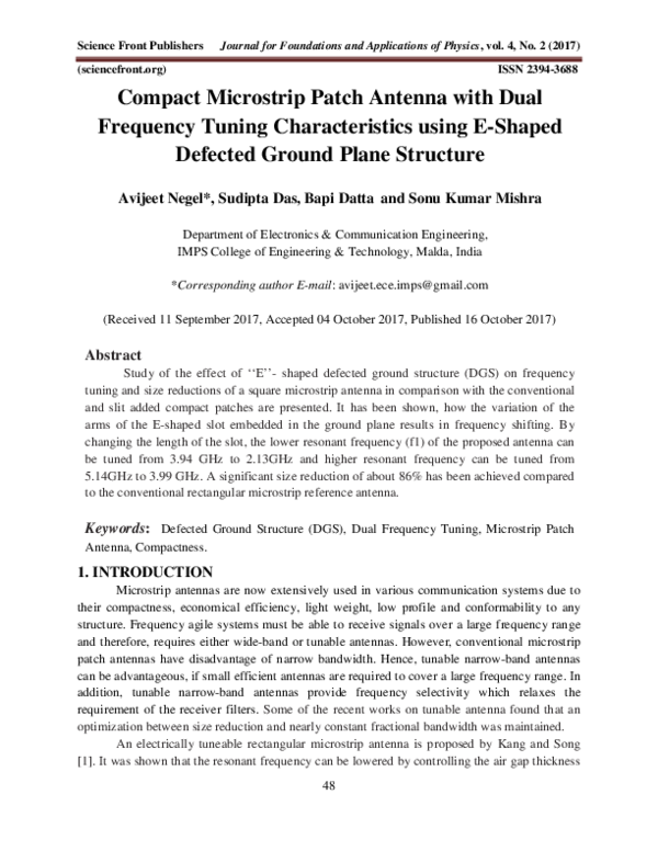 Pdf Compact Microstrip Patch Antenna With Dual Frequency Tuning Characteristics Using E Shaped