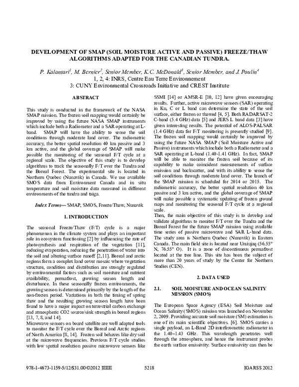 (PDF) Development of SMAP (soil moisture active and passive) Freeze/Thaw algorithms adapted for ...