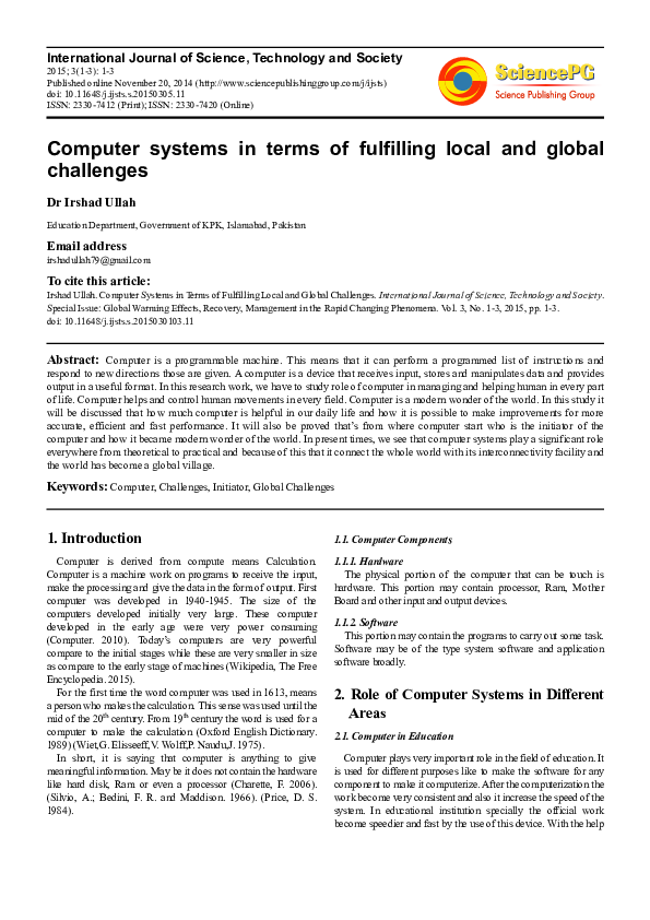 (PDF) Computer Systems in Terms of Fulfilling Local and Global Challenges