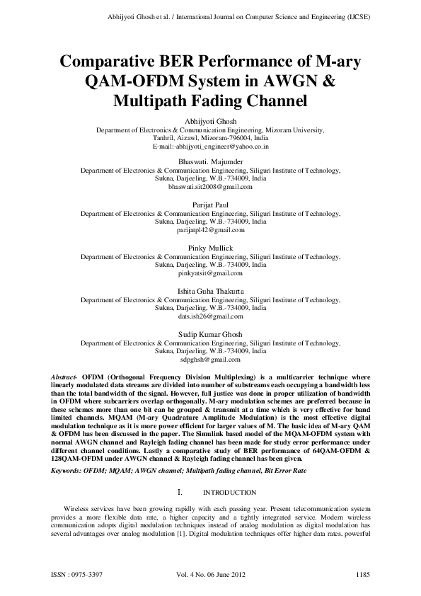 (PDF) Comparative BER Performance of M-ary QAM-OFDM System in AWGN & Multipath Fading Channel