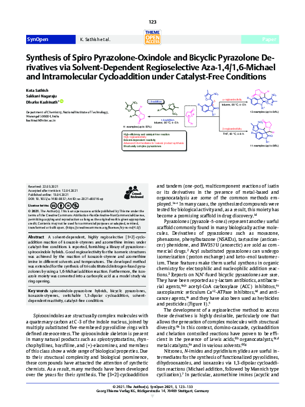 (PDF) Synthesis of Spiro Pyrazolone-Oxindole and Bicyclic Pyrazolone Derivatives via Solvent ...