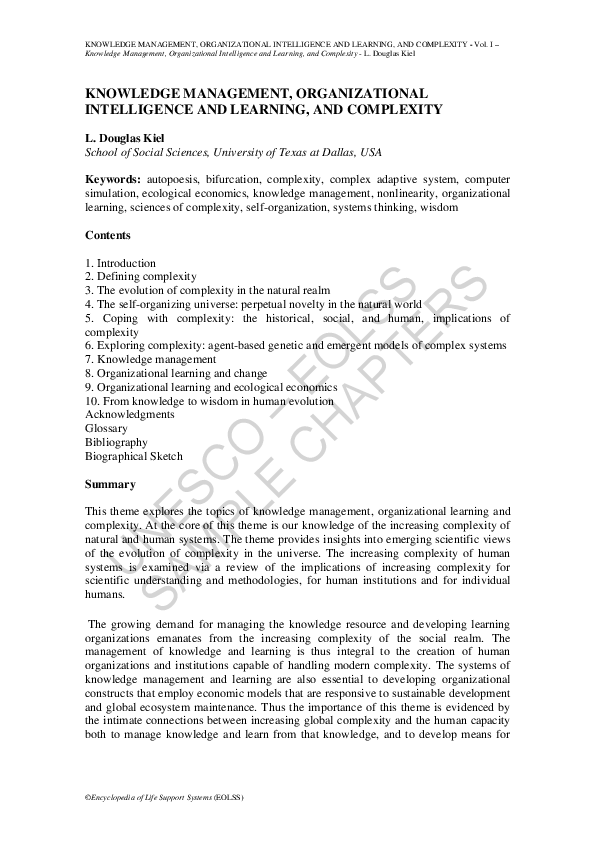 (PDF) Knowledge management, organizational intelligence and learning, and complexity