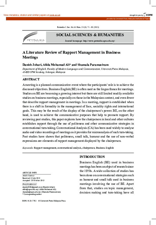 (PDF) A literature review of rapport management in business meetings