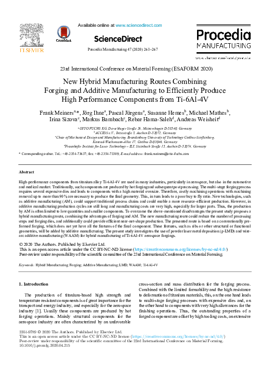 (PDF) New Hybrid Manufacturing Routes Combining Forging and Additive ...