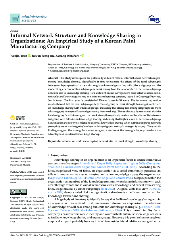 (PDF) Informal Network Structure and Knowledge Sharing in Organizations: An Empirical Study of a ...