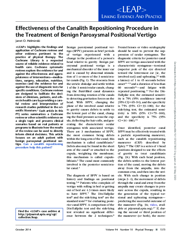 (PDF) Effectiveness of the Canalith Repositioning Procedure in the ...
