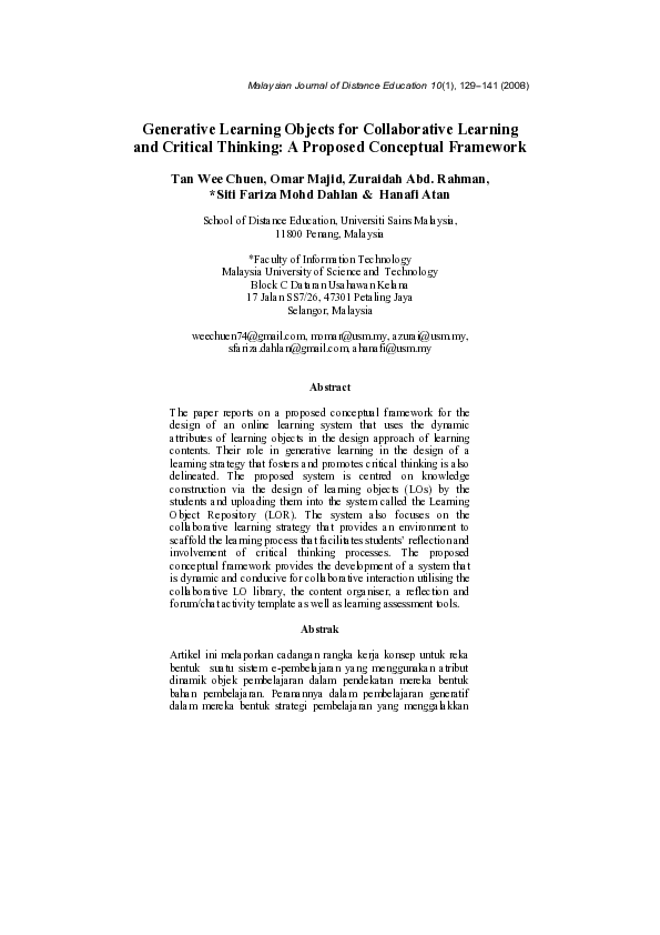 (PDF) Generative Learning Objects for Collaborative Learning and Critical Thinking: A Proposed ...