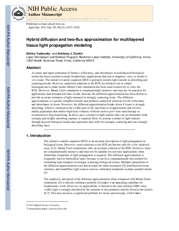 Pdf Hybrid Diffusion And Two Flux Approximation For Multilayered Tissue Light Propagation Modeling