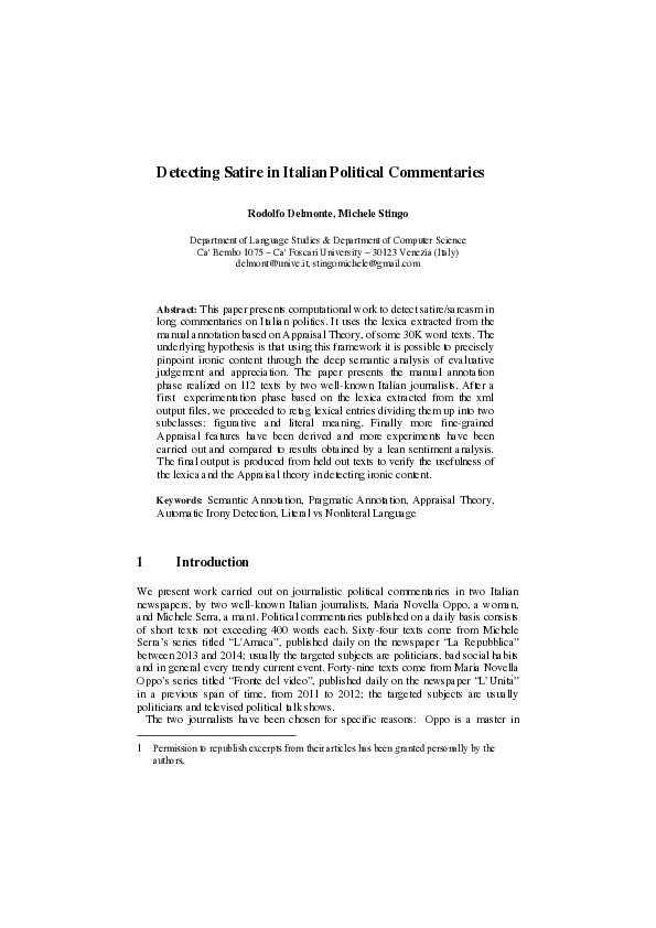 (PDF) Detecting Satire in Italian Political Commentaries | Michele ...
