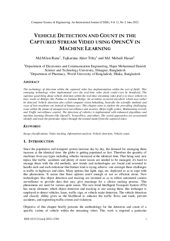 (PDF) VEHICLE DETECTION AND COUNT IN THE CAPTURED STREAM VIDEO USING OPENCV IN MACHINE LEARNING