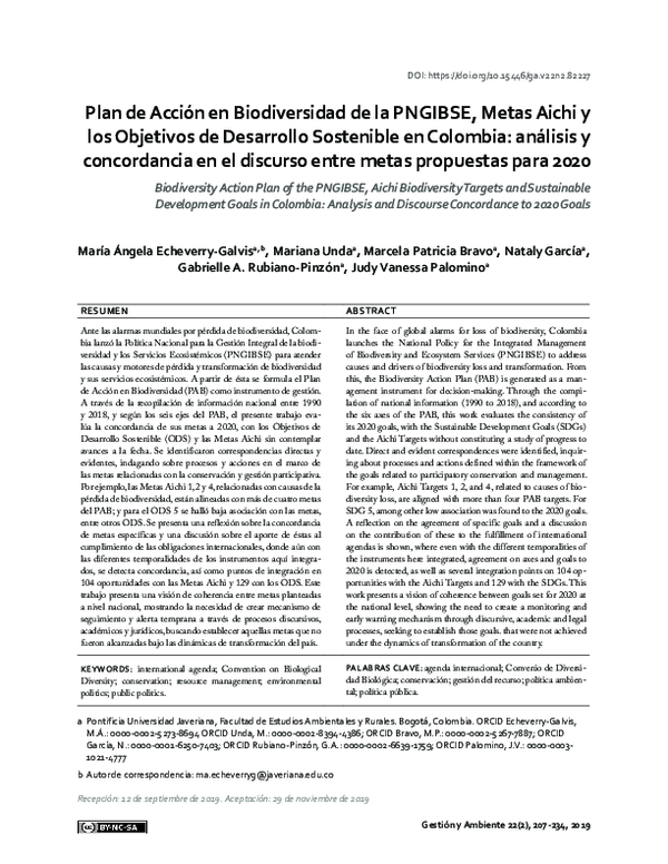 (PDF) Plan de Acción en Biodiversidad de la PNGIBSE, Metas Aichi y los ...