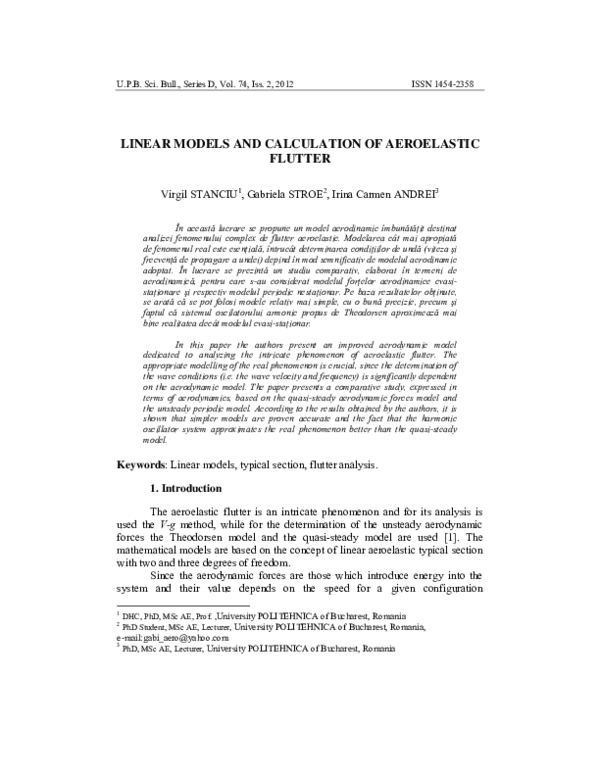Pdf Linear Models And Calculation Of Aeroelastic Flutter