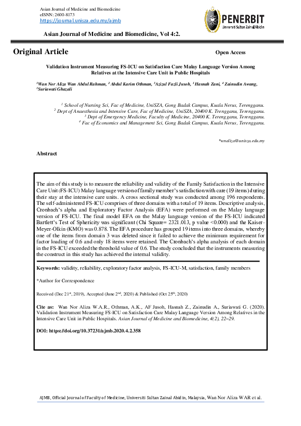 (PDF) Validation Instrument Measuring FS-ICU on Satisfaction Care Malay ...