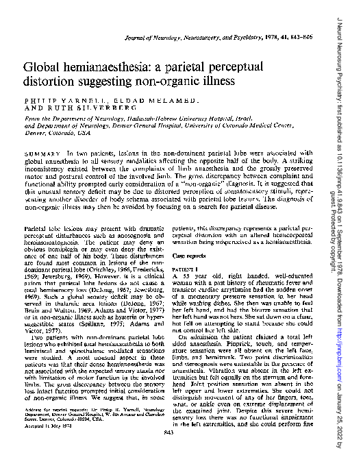 (PDF) Global hemianaesthesia: a parietal perceptual distortion ...