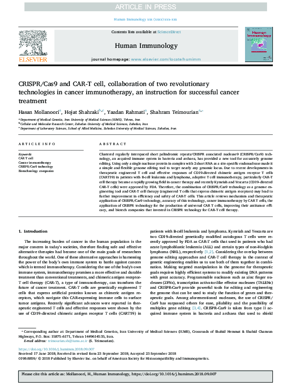 (PDF) CRISPR/Cas9 and CAR-T cell, collaboration of two revolutionary ...