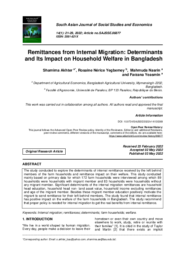 (PDF) Remittances from Internal Migration: Determinants and Its Impact on Household Welfare in ...