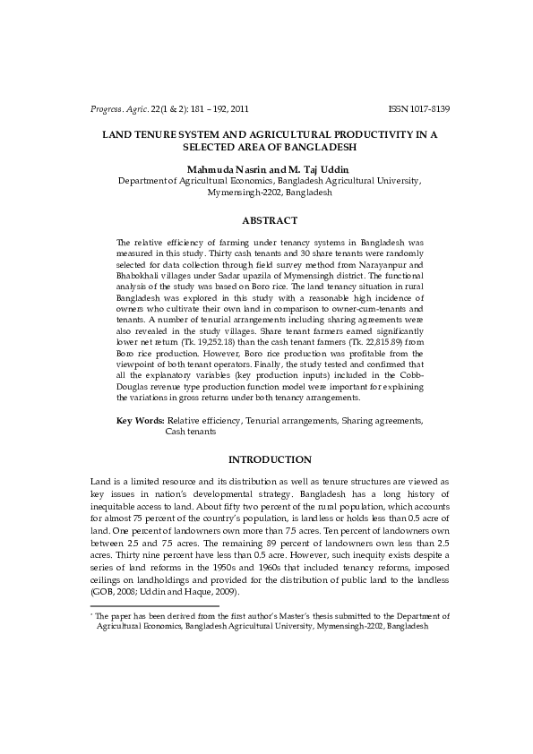 (PDF) Land Tenure System and Agricultural Productivity in a Selected ...