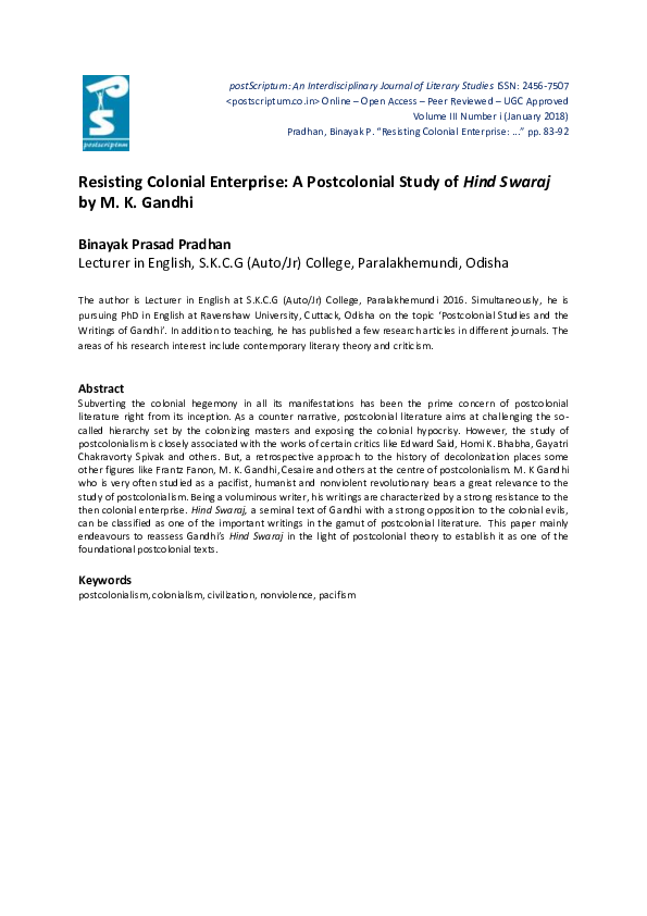 (PDF) Resisting Colonial Enterprise: A Postcolonial Study Of Hind ...