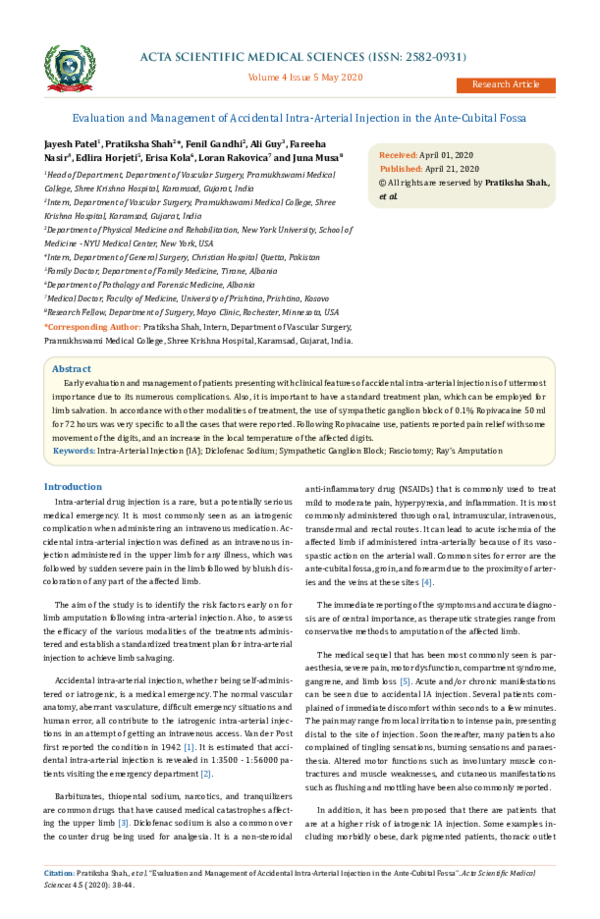 (PDF) Evaluation and Management of Accidental Intra-Arterial Injection ...