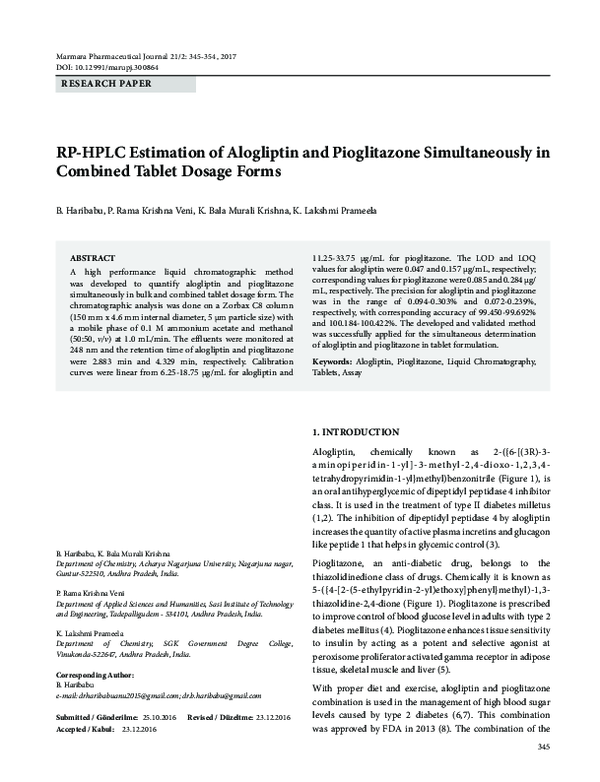 (PDF) RP-HPLC Estimation of Alogliptin and Pioglitazone Simultaneously ...