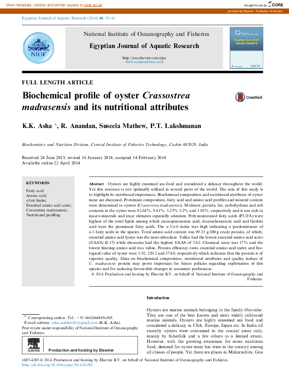 (PDF) Biochemical profile of oyster Crassostrea madrasensis and its ...