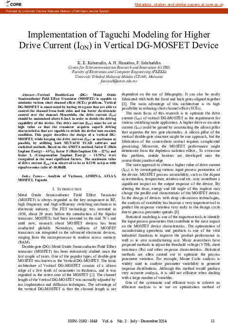 (PDF) Implementation of Taguchi Modeling for Higher Drive Current (ION) in Vertical DG-MOSFET Device
