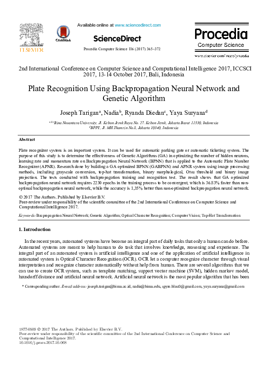 (PDF) Plate Recognition Using Backpropagation Neural Network and Genetic Algorithm