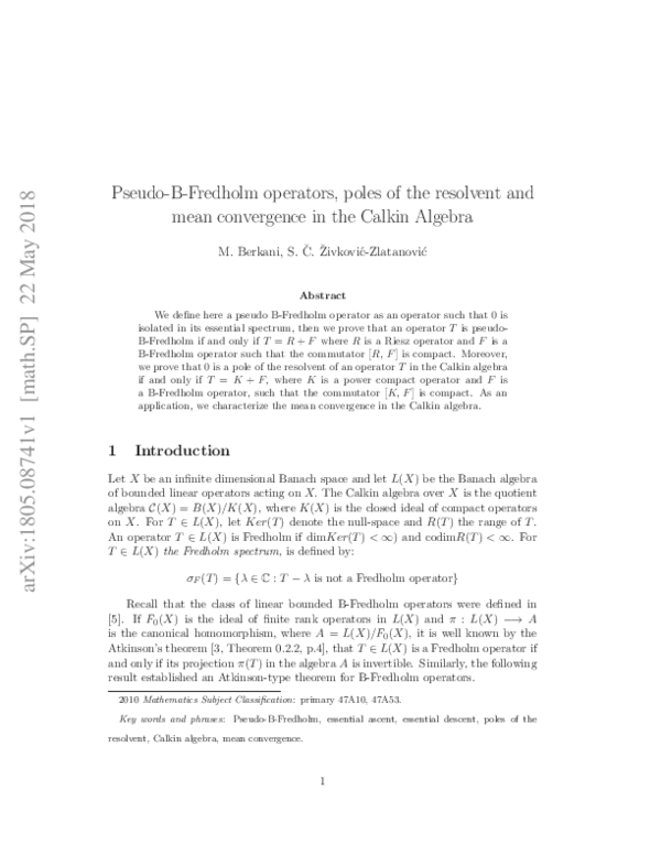 (PDF) Pseudo-B-Fredholm Operators and Calkin Algebra