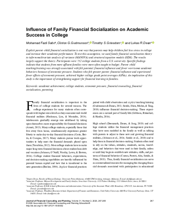 (PDF) Influence of Family Financial Socialization on Academic Success ...