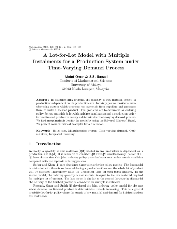 (PDF) A Lot-for-Lot Model with Multiple Instalments for a Production ...