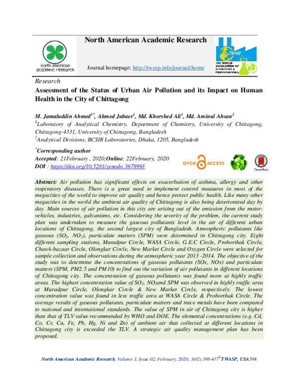(PDF) Assessment of the Status of Urban Air Pollution and its Impact on Human Health in the City ...