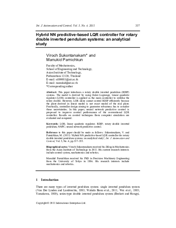 (PDF) Hybrid NN predictive-based LQR controller for rotary double inverted pendulum systems: an ...