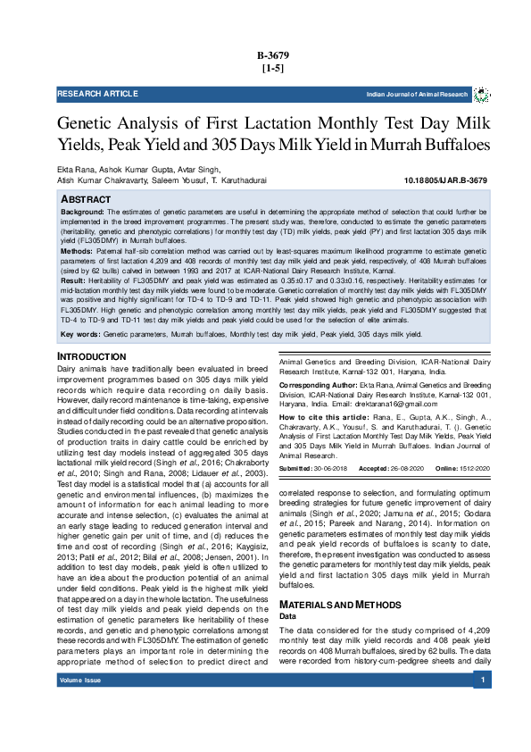 (PDF) Genetic Analysis of First Lactation Monthly Test Day Milk Yields ...