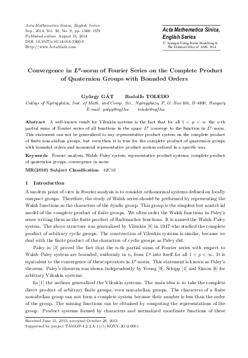 (PDF) Convergence in L p -norm of Fourier series on the complete ...