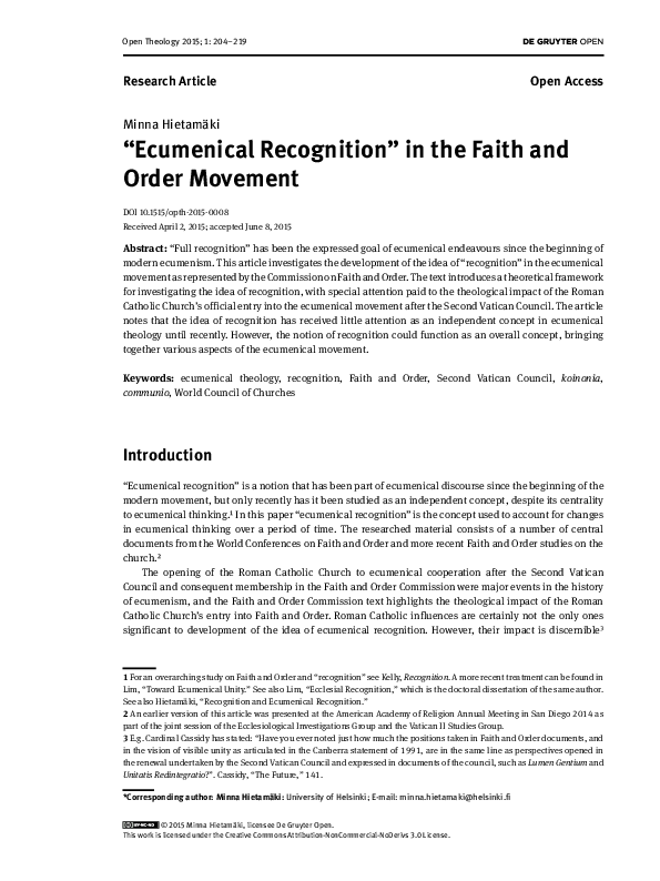 (PDF) “Ecumenical Recognition” in the Faith and Order Movement