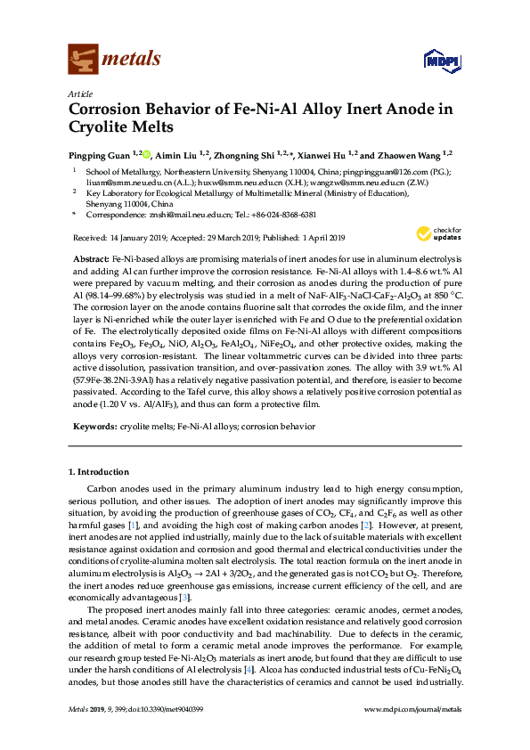 (PDF) Corrosion Behavior of Fe-Ni-Al Alloy Inert Anode in Cryolite Melts