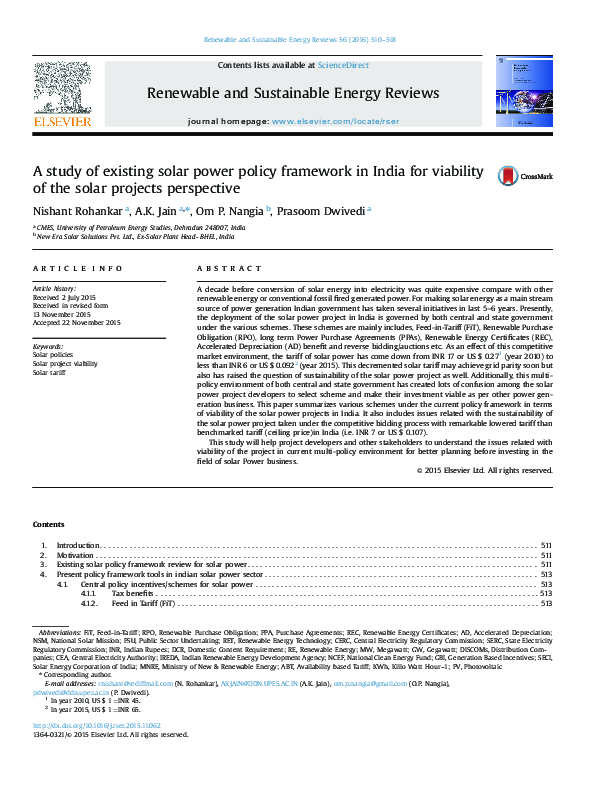 (PDF) A study of existing solar power policy framework in India for ...