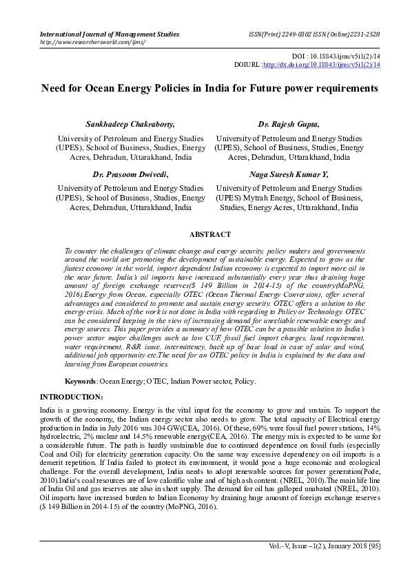 (PDF) Need for Ocean Energy Policies in India for Future Power Requirements