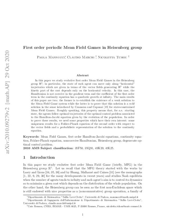 (PDF) First order periodic Mean Field Games in Heisenberg group