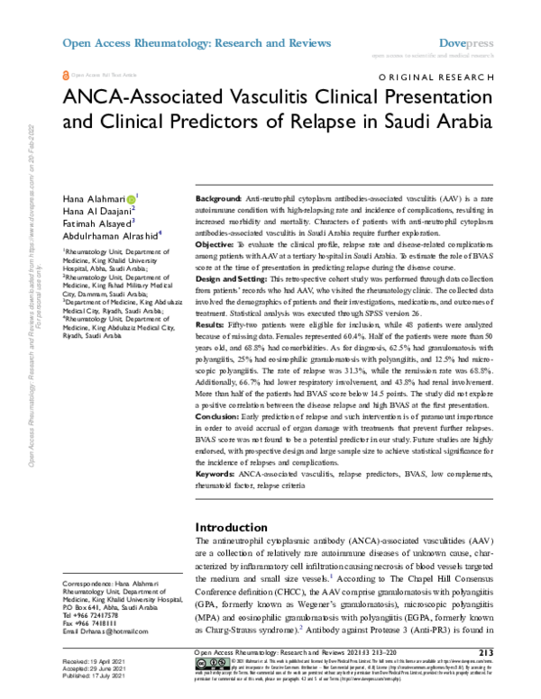 (PDF) ANCA-Associated Vasculitis Clinical Presentation and Clinical Predictors of Relapse in ...