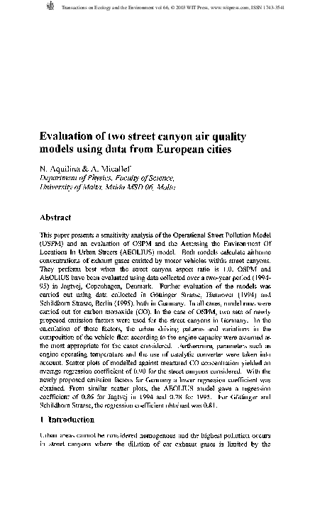 Pdf Evaluation Of Two Street Canyon Air Quality Models Using Data Fromeuropean Cities Noel
