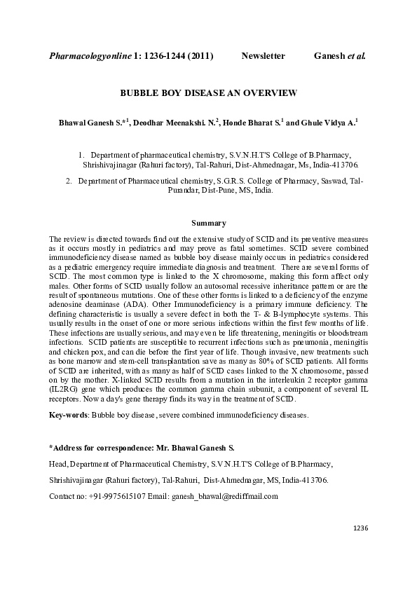 (PDF) Bubble Boy Disease a Overview