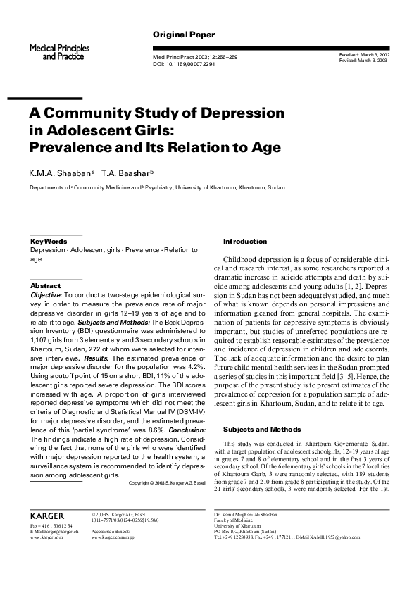 (PDF) A Community Study of Depression in Adolescent Girls