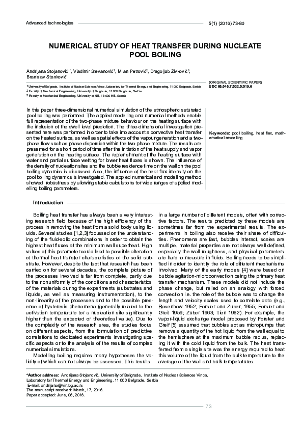 (PDF) Numerical study of heat transfer during nucleate pool boiling