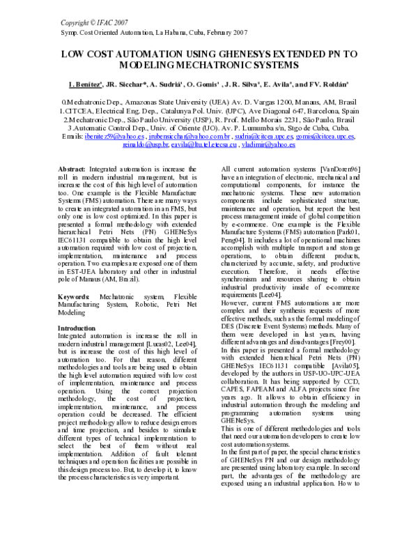 Pdf Low Cost Automation Using Ghenesys Extended Pn To Modeling