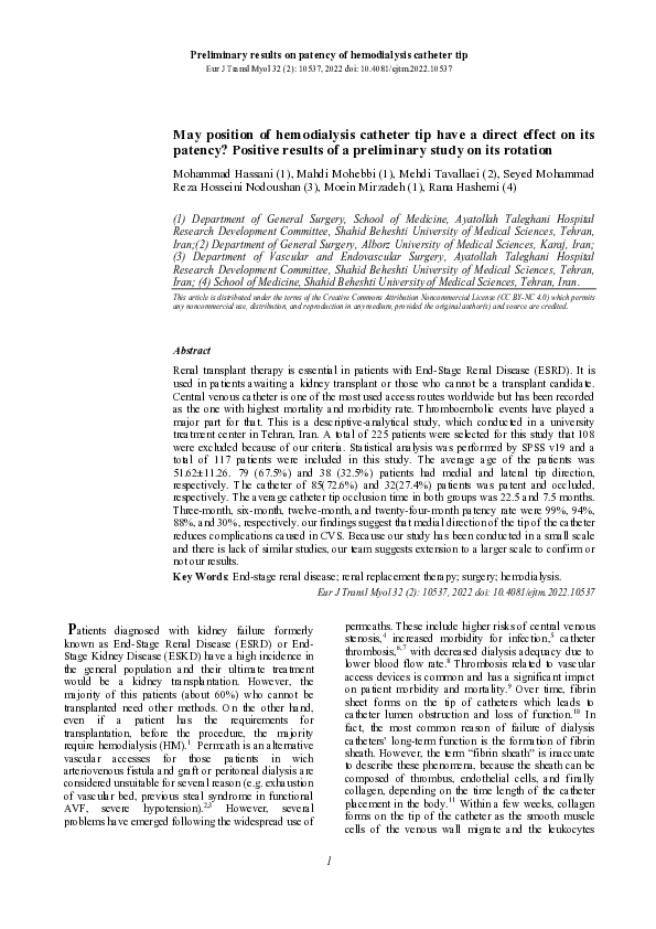 Pdf May Position Of Hemodialysis Catheter Tip Have A Direct Effect On